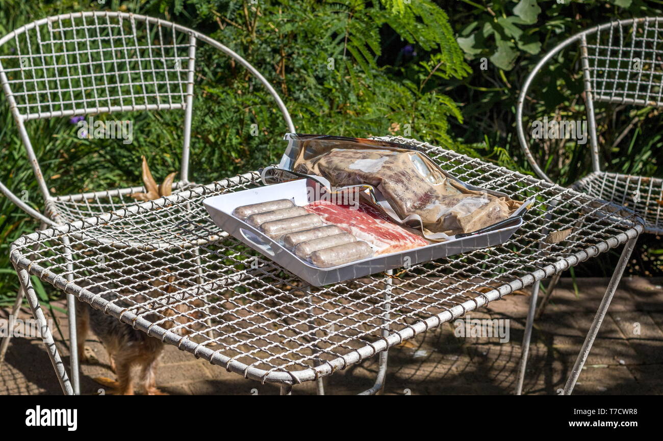 Fresh raw frozen meat thawing in the sun outdoors on a garden table in ...