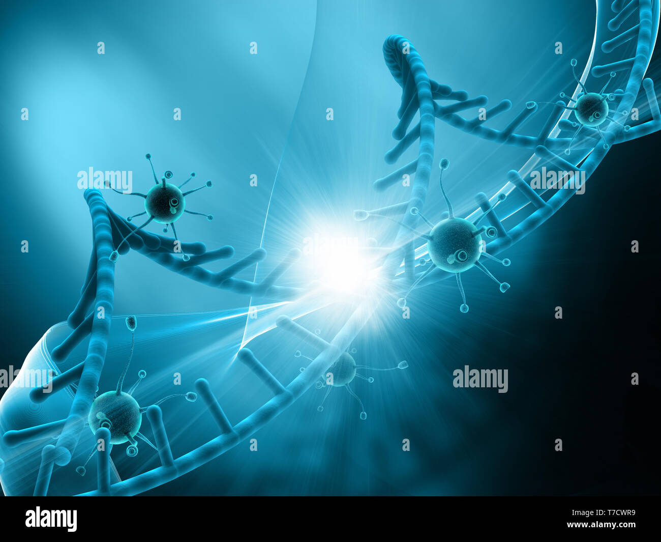 3D render of a medical background with virus cells attacking a DNA ...