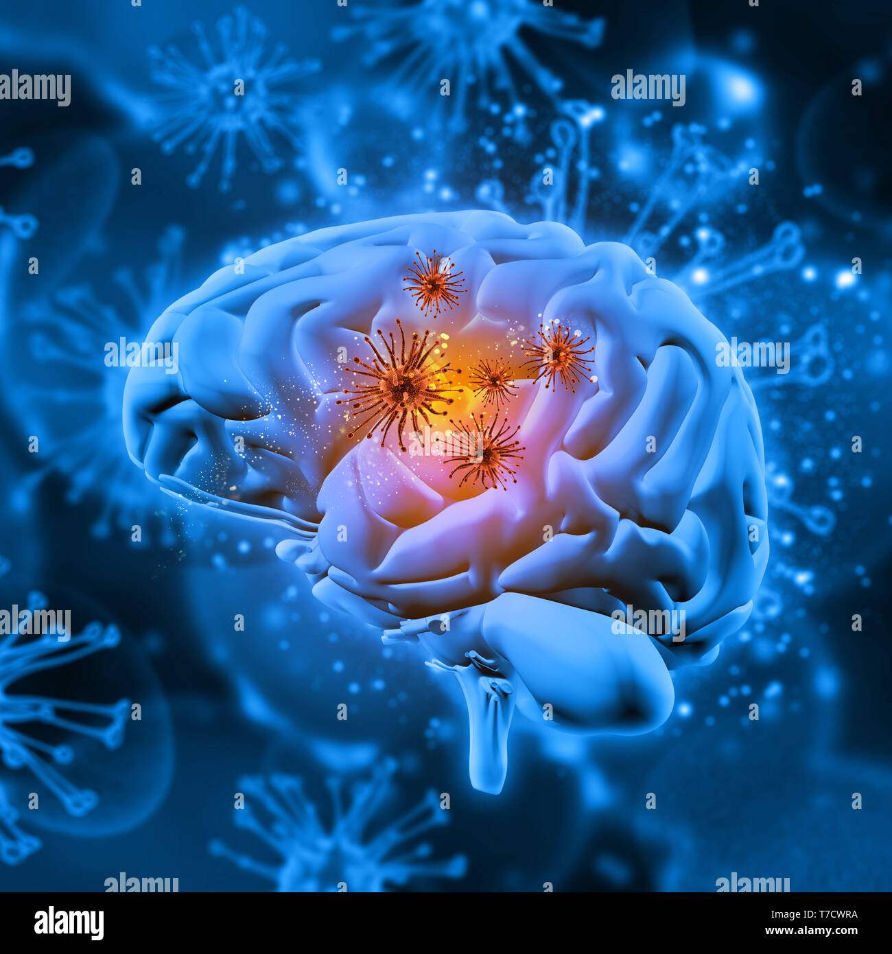 3D render of a medical background with virus cells attacking the brain ...