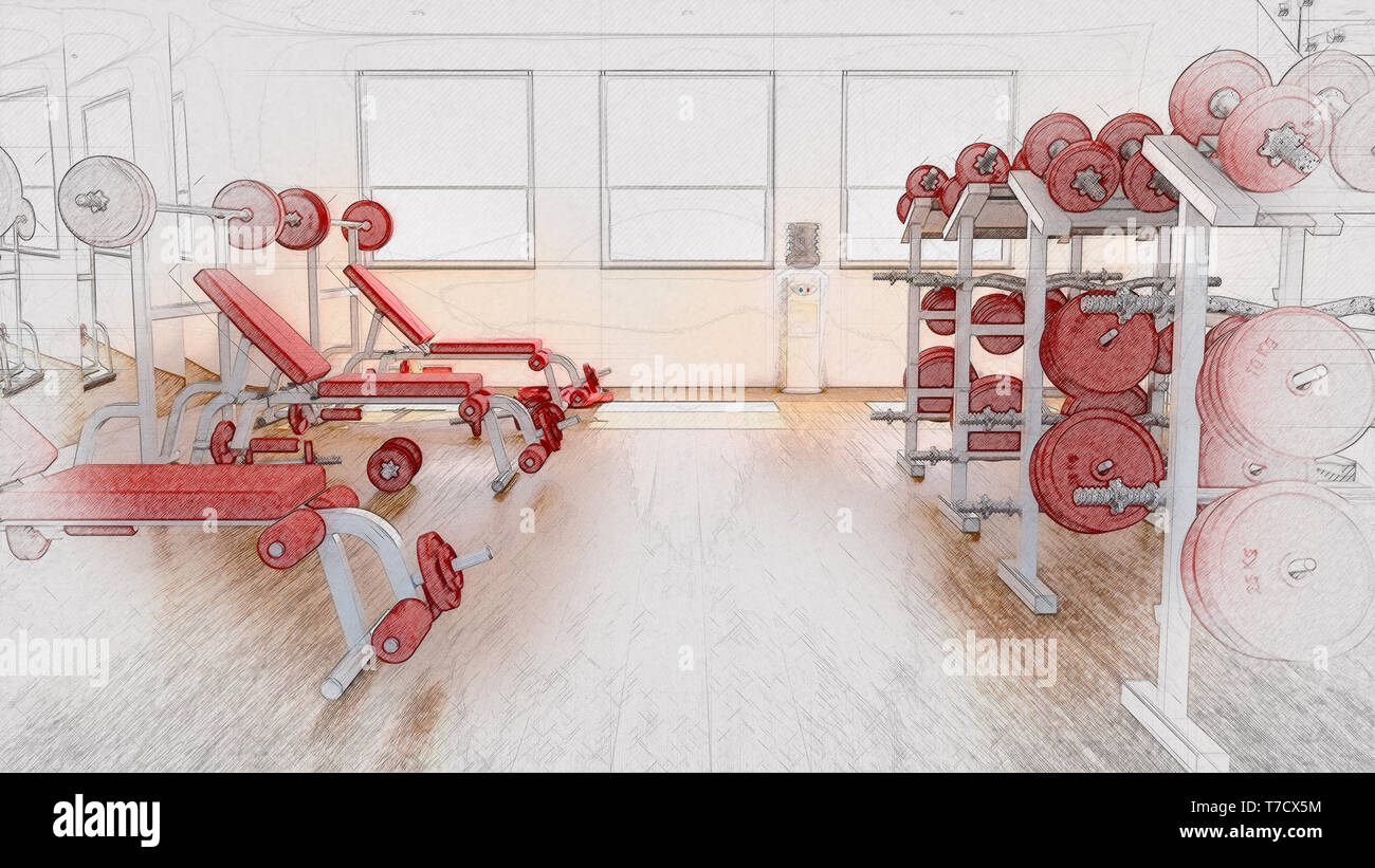 3D render of a sketched background of a gym interior Stock Photo - Alamy
