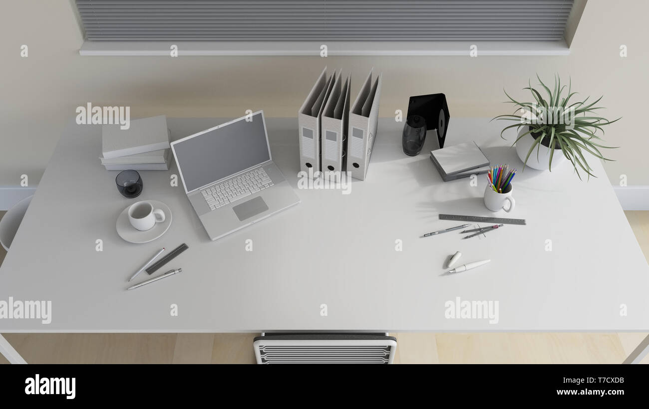 3D render of an office interior with top view of a desk Stock Photo - Alamy