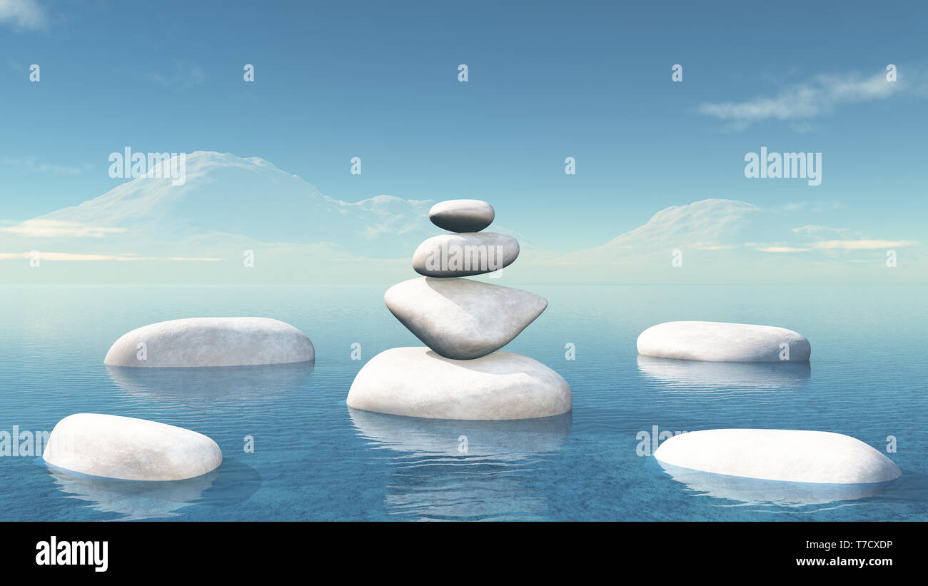 3D render of balancing pebbles in the ocean Stock Photo - Alamy