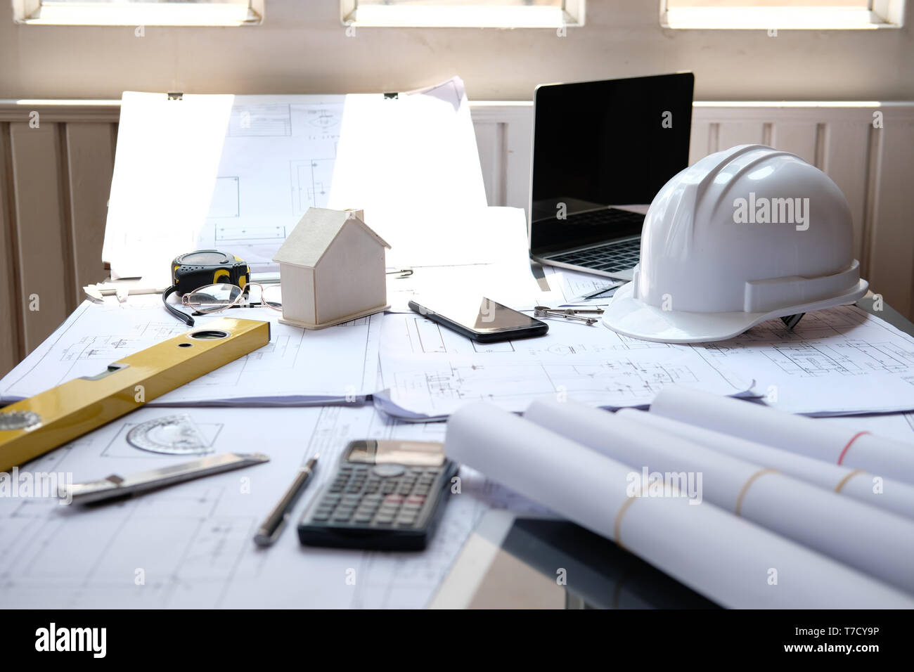 house blueprint of real estate project at architect engineer workplace ...