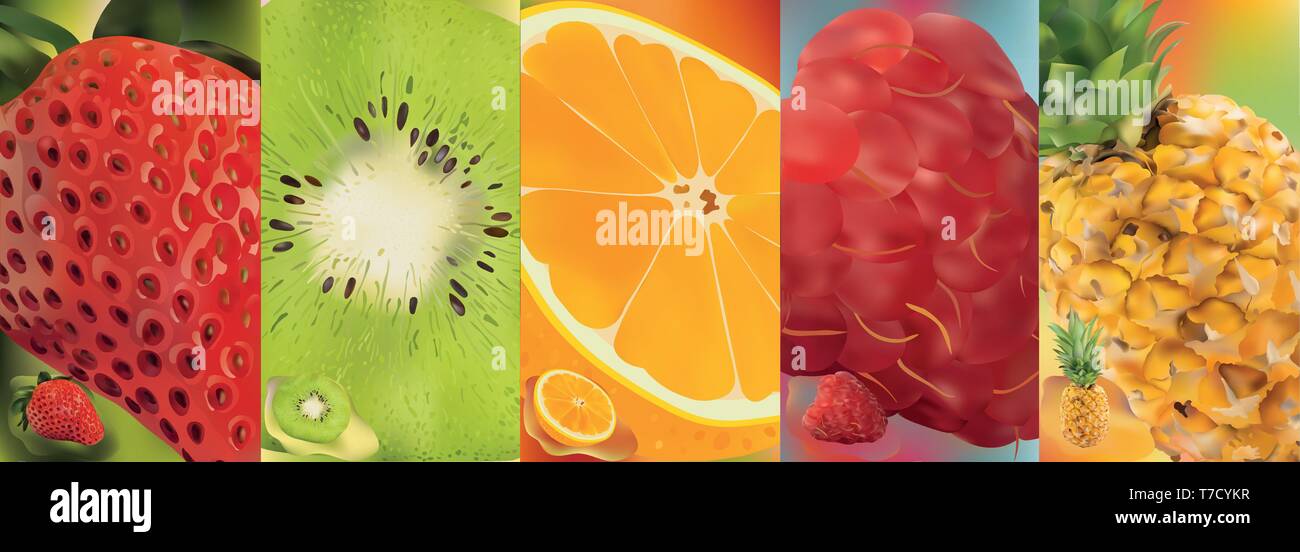 3d realistic fruit, pineapple, raspberry, kiwi, strawberry, orange ...