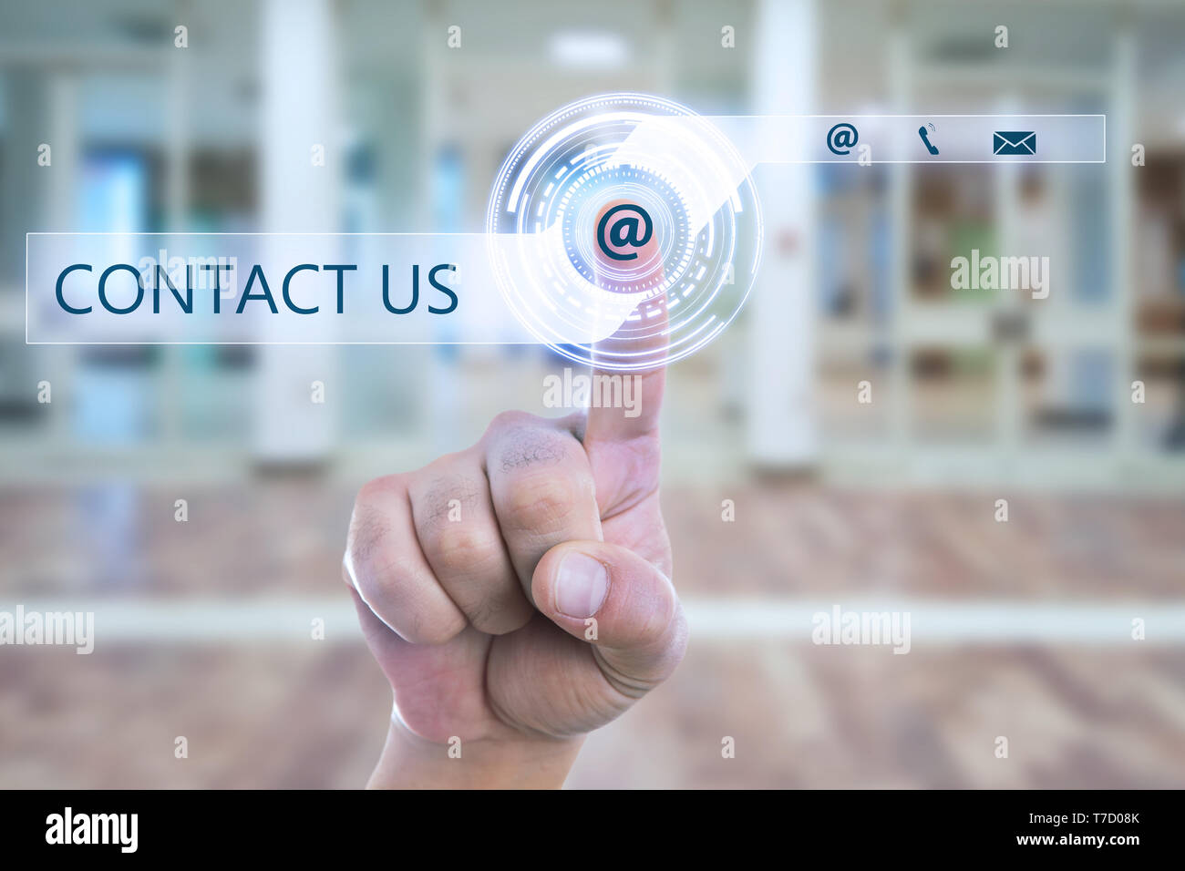 Closeup of person touching email sign with index finger on transparent ...