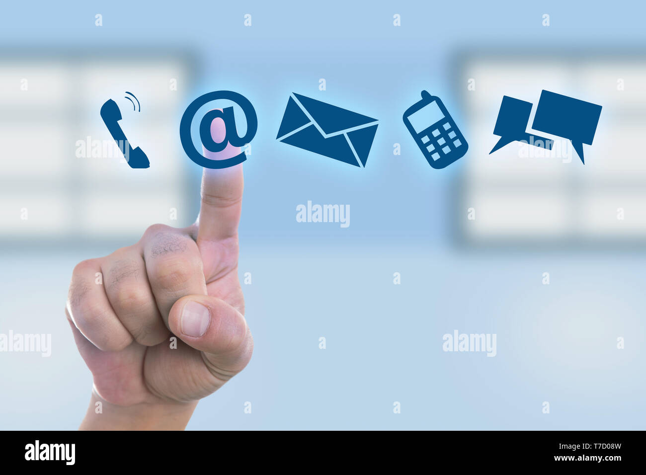 Person using index finger for pressing email button on invisible ...