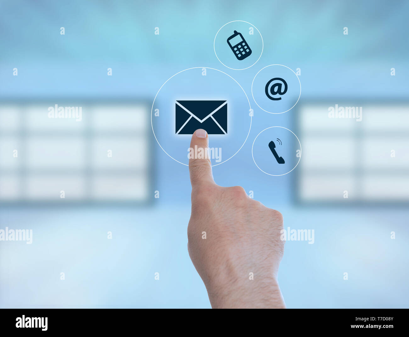 Person pressing with index finger envelope sign on invisible screen as ...