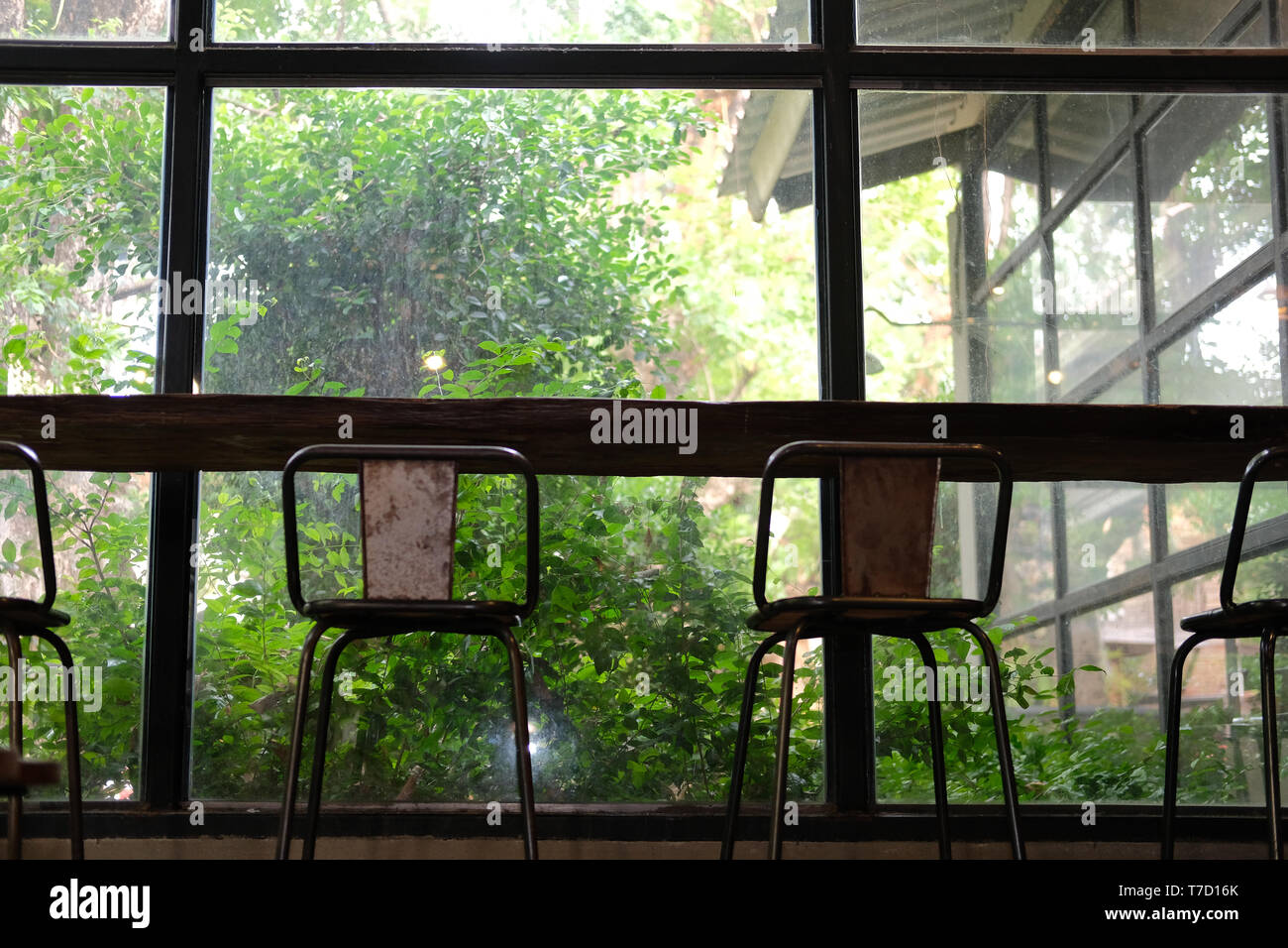 stool in cafe coffee shop restaurant near garden window Stock Photo - Alamy