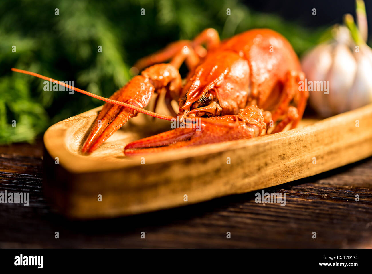Boiled crayfish on rustic wooden background close Stock Photo - Alamy