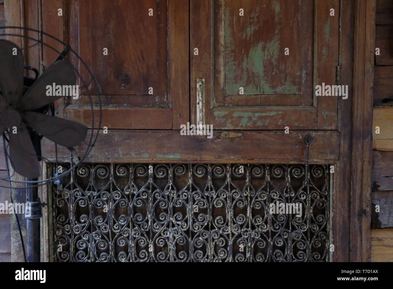 old vintage retro wooden window with curved steel frame Stock Photo - Alamy