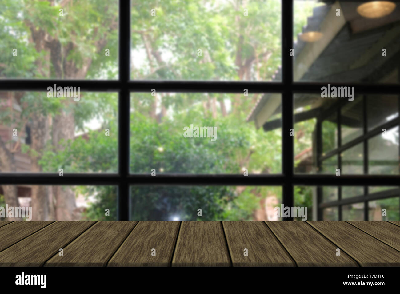 window with garden view with wood table for display montage product ...