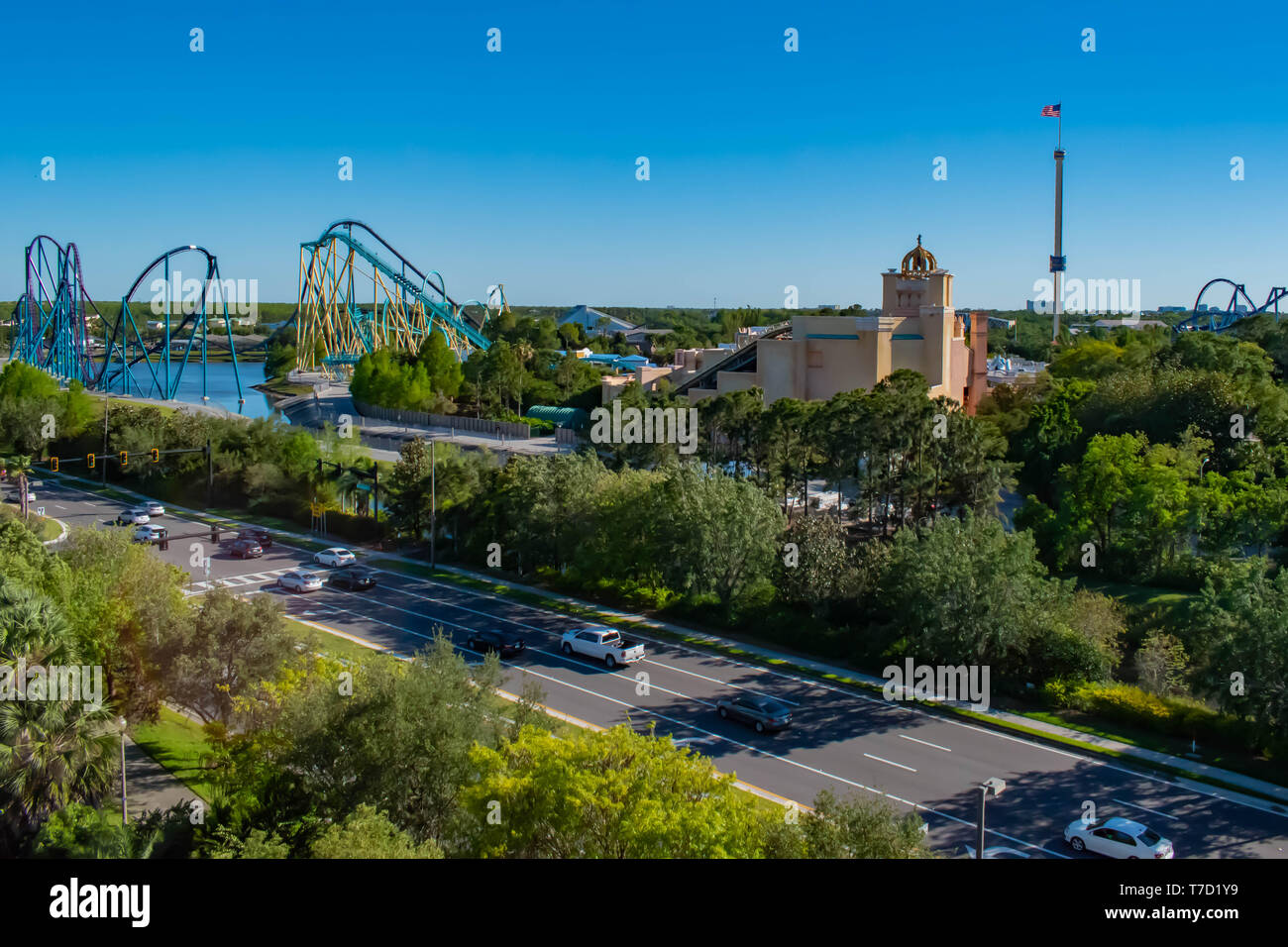 Orlando, Florida. April 20, 2019. Panoramic view of Seaworld theme park ...