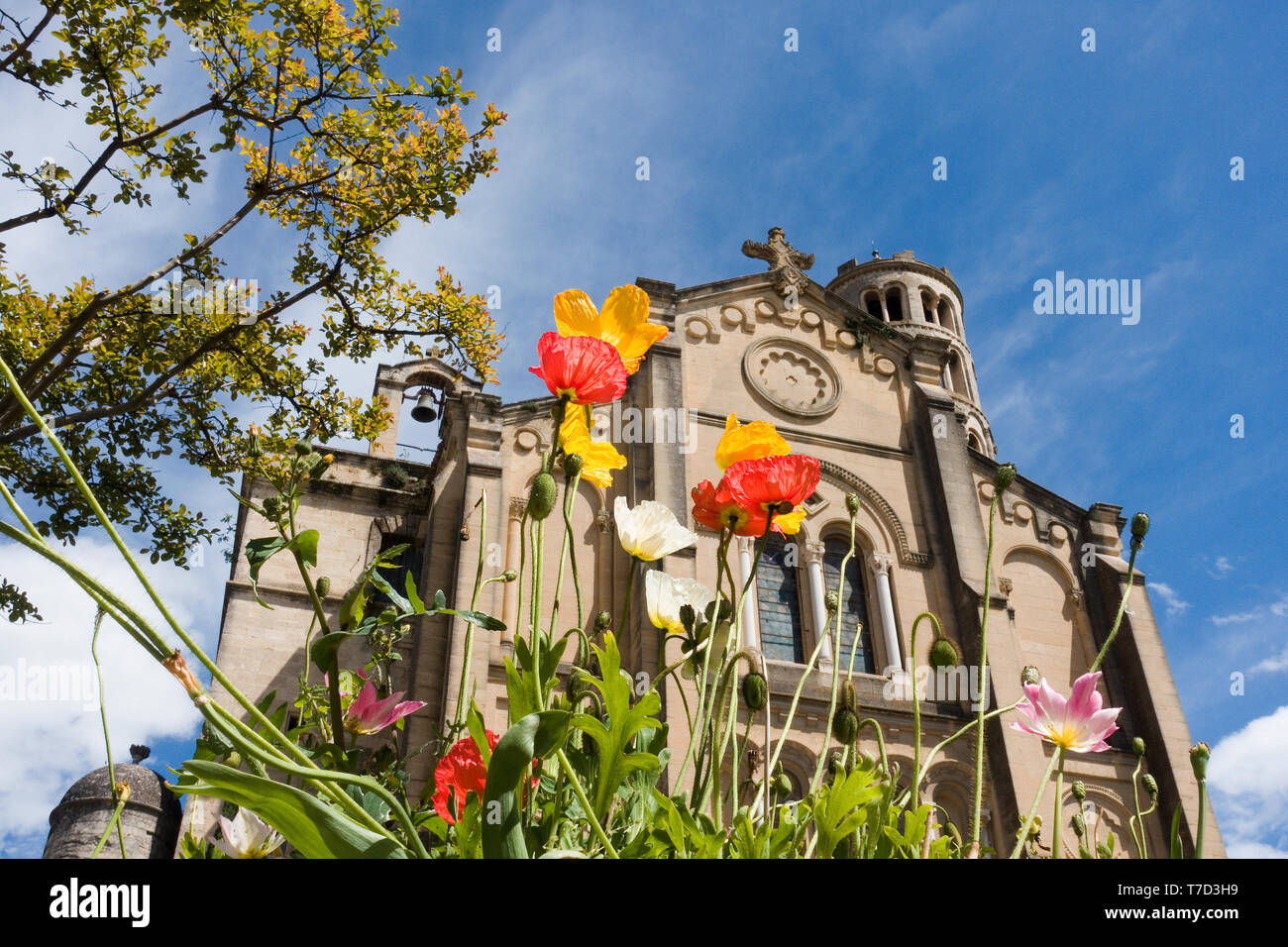 The neo-romanesque facade of the St. Théodorit cathedral at Uzès ...