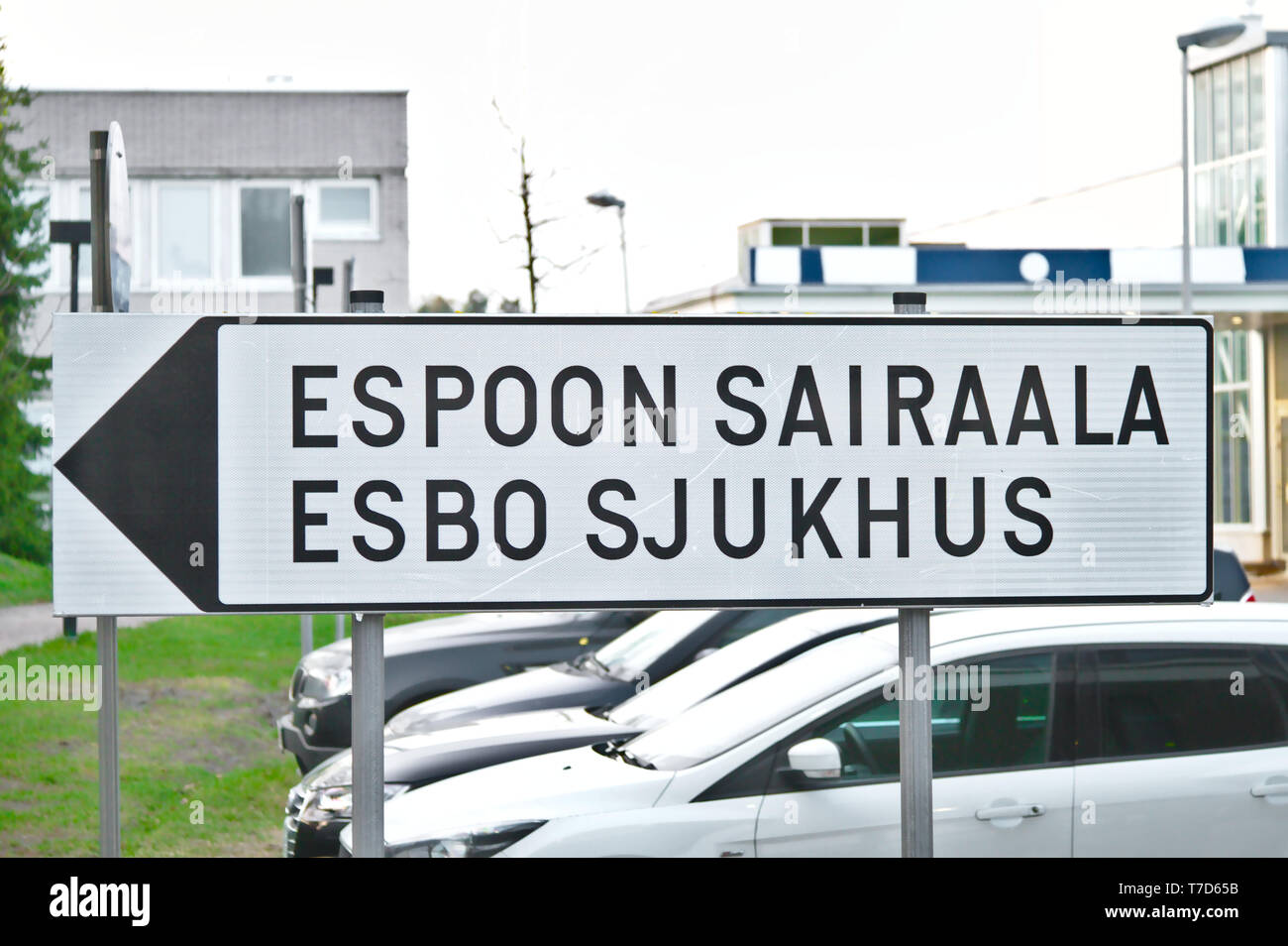 White sign, Espoon Sairaala, Esbo Sjukhus - Hospital of Espoo. Photo ...