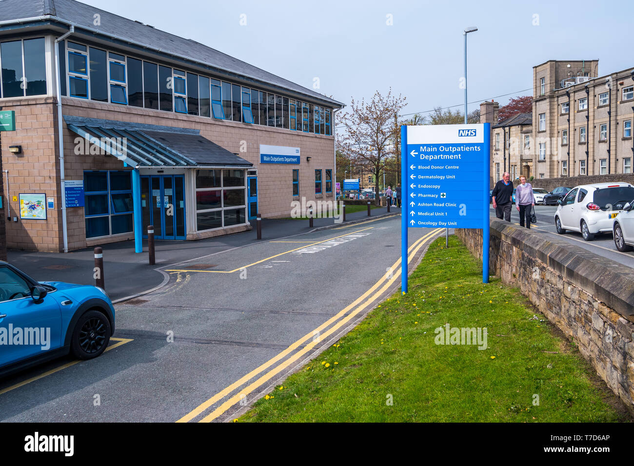 lancaster england uk april 18 2019 blue Hospital sign giving directions ...