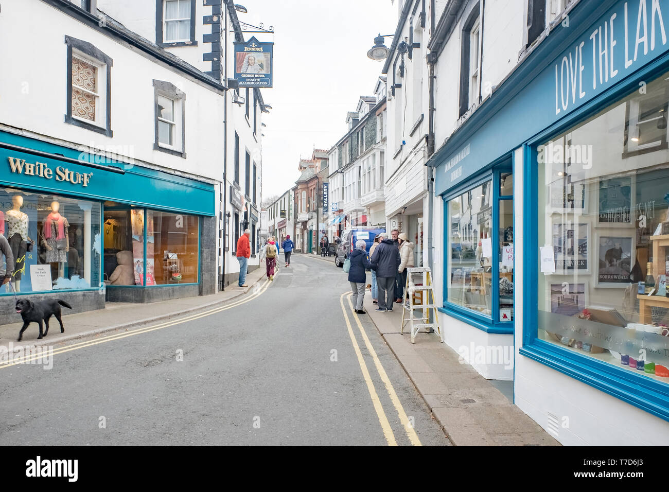 Keswick Cumbria UK April 15 2019 Tourists and shoppers in keswick town ...