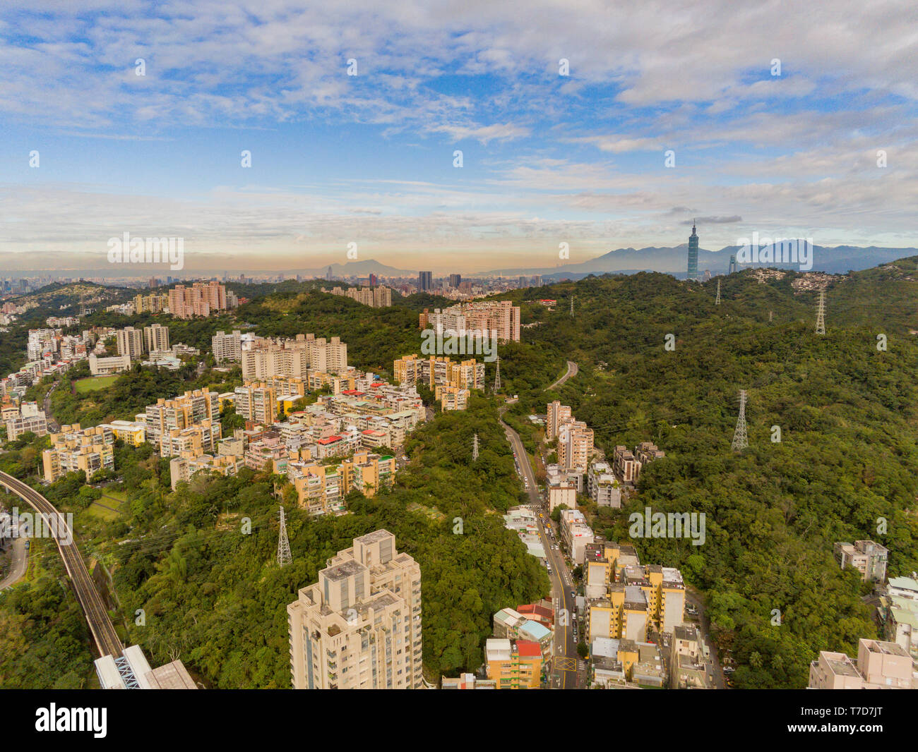 Aerial view of the landscape, metro line near Muzha station at Taipei ...