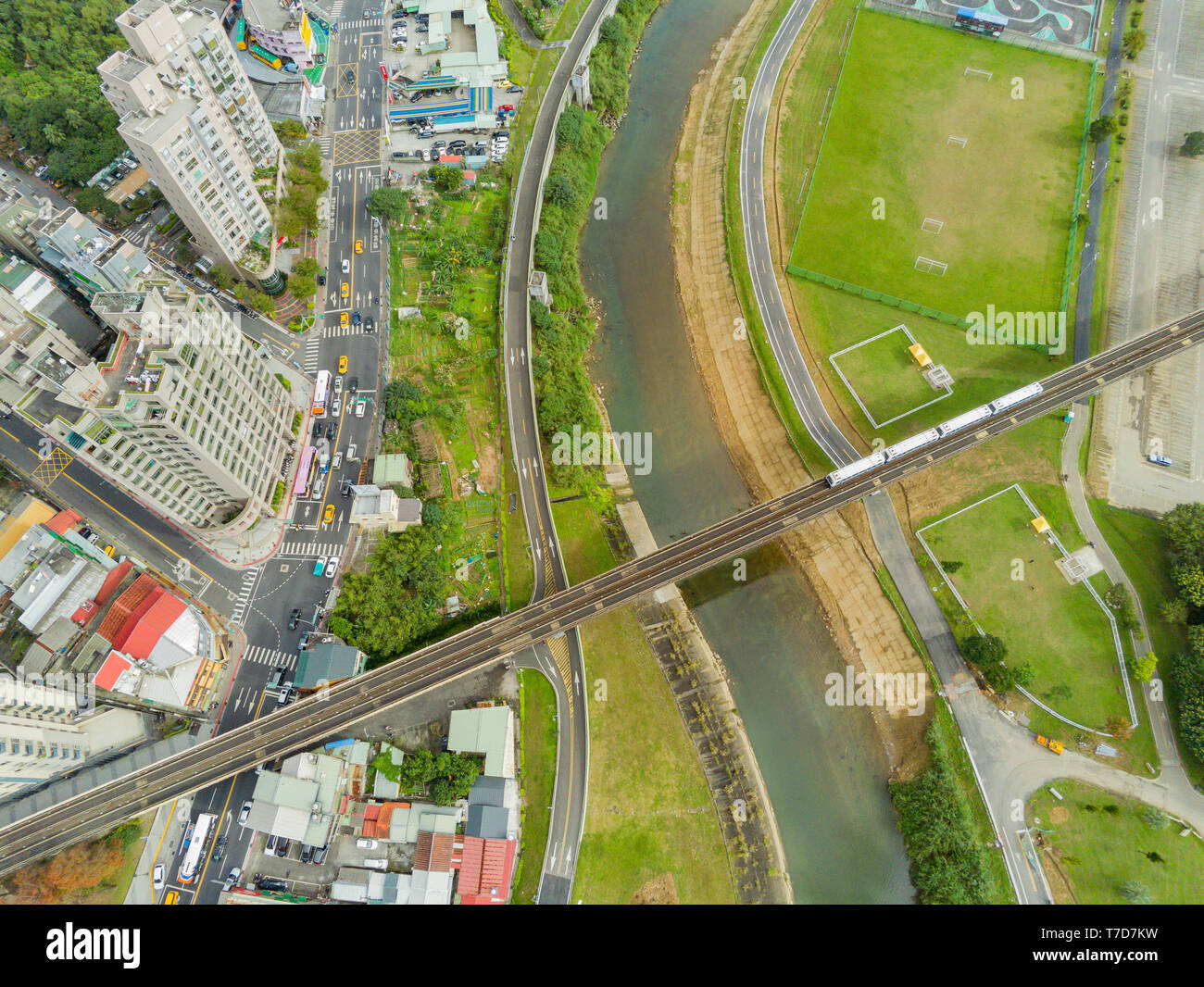 Aerial view of the landscape, metro line near Muzha station at Taipei ...