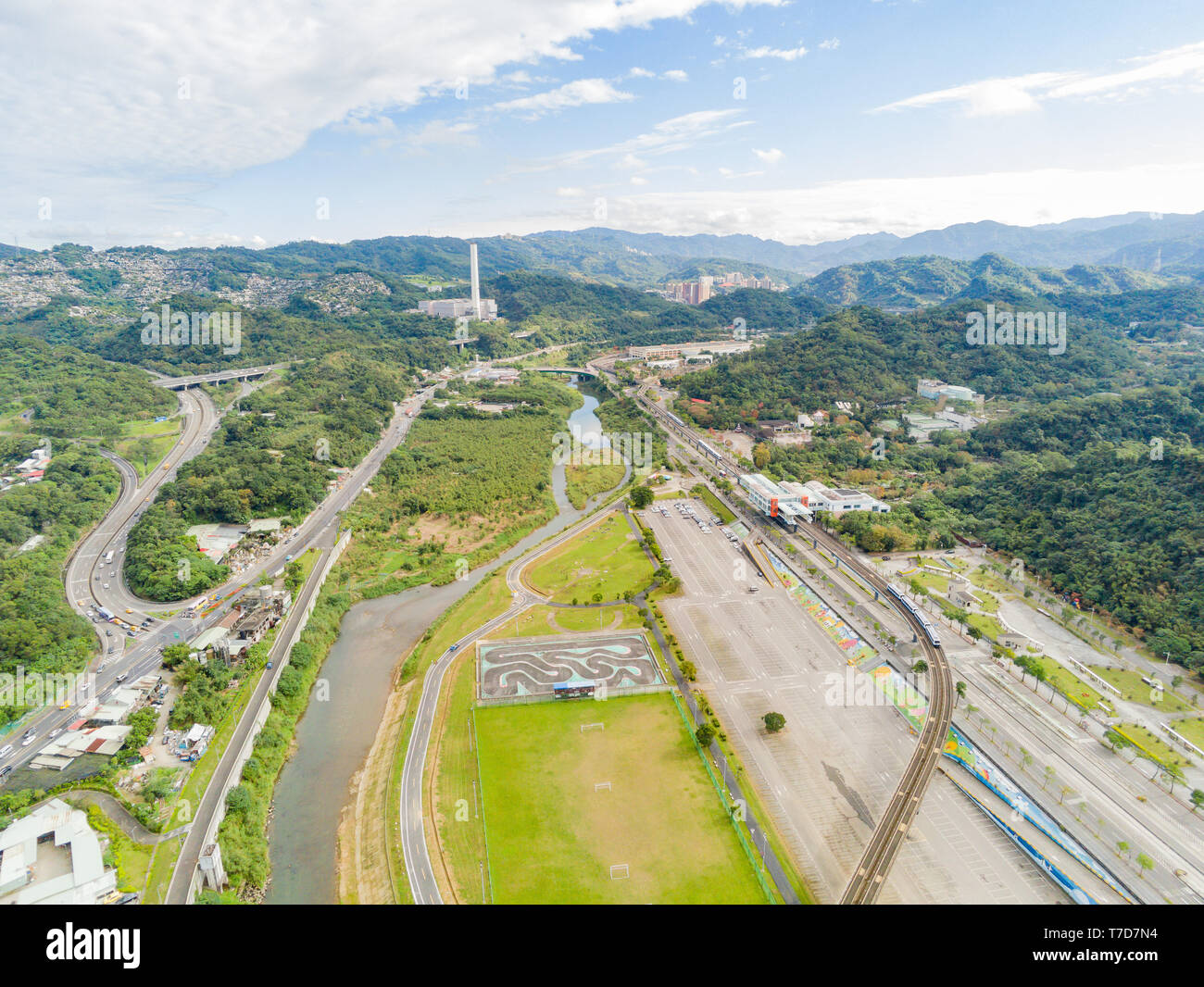 Aerial view of the landscape, metro line near Muzha station at Taipei ...