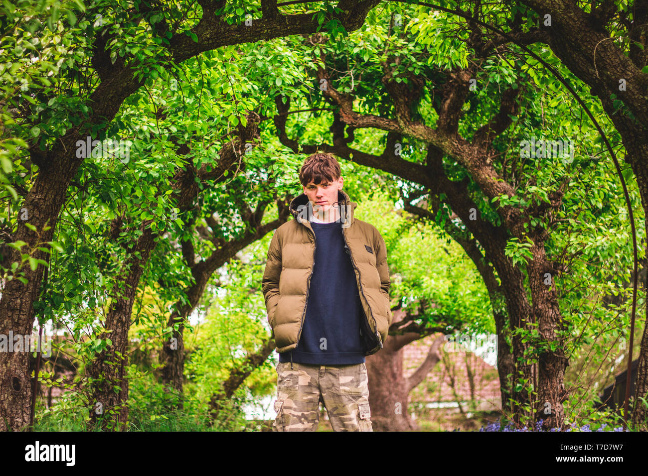 Model standing under archway created by trees wearing camo pants Stock ...