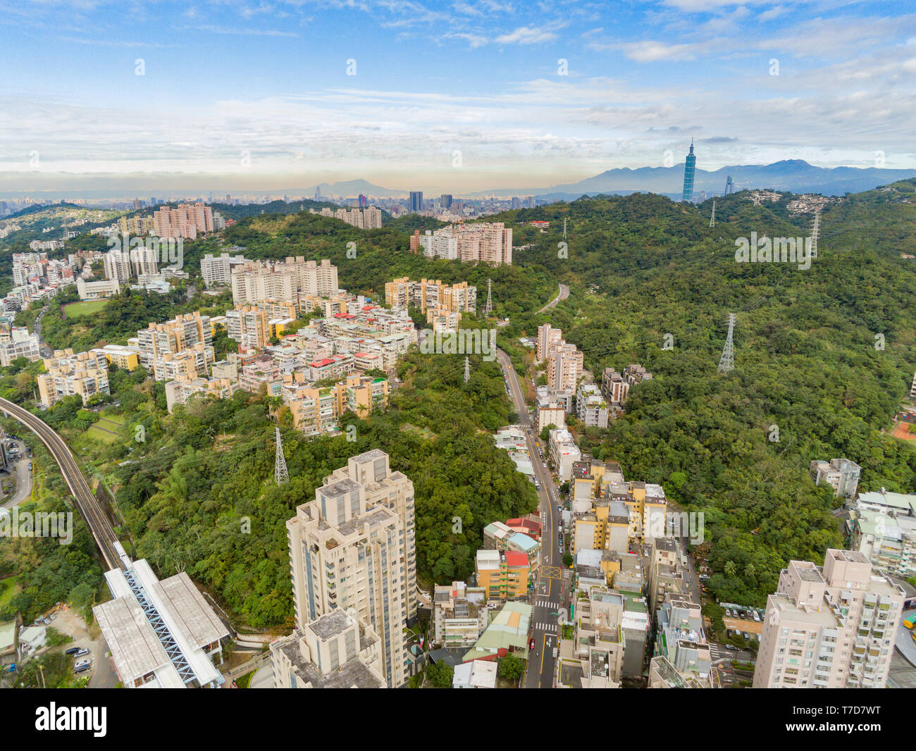 Aerial view of the landscape, metro line near Muzha station at Taipei ...