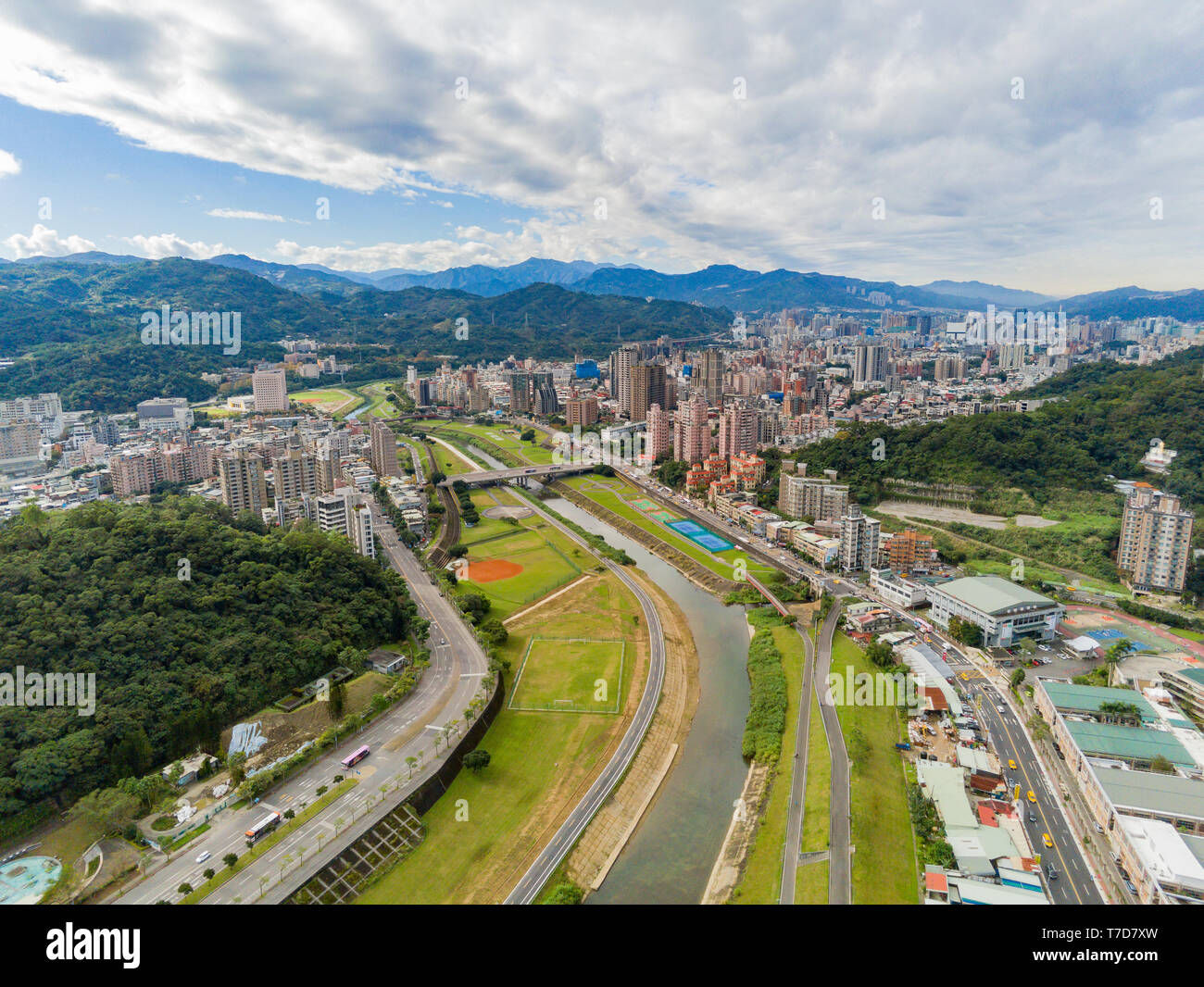 Aerial view of the landscape, metro line near Muzha station at Taipei ...
