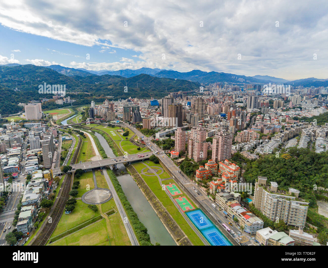 Aerial view of the landscape, metro line near Muzha station at Taipei ...