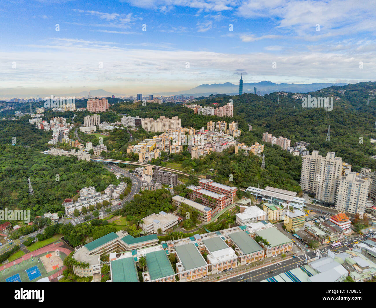 Aerial view of the landscape, metro line near Muzha station at Taipei ...
