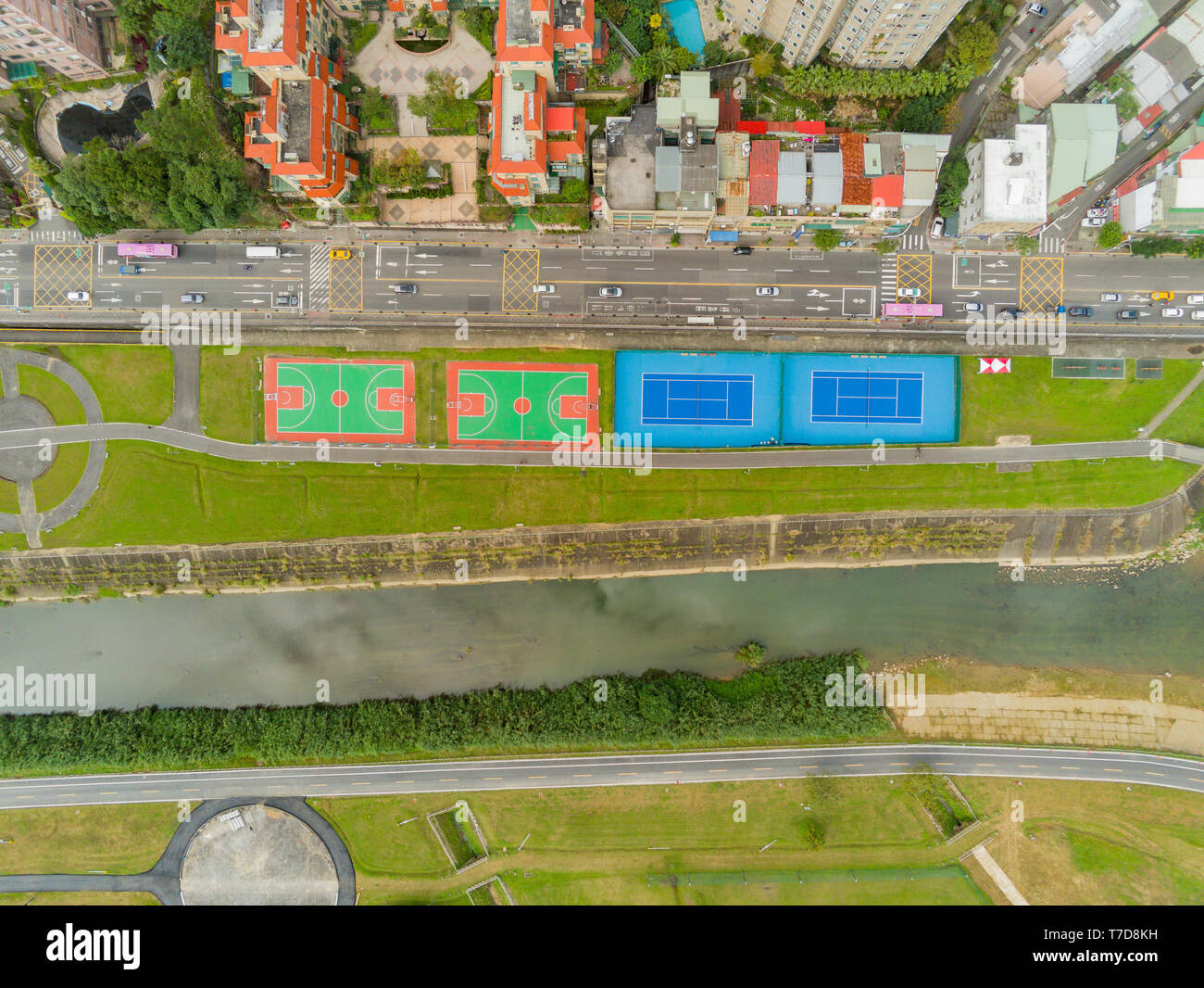 Aerial view of the landscape, metro line near Muzha station at Taipei ...