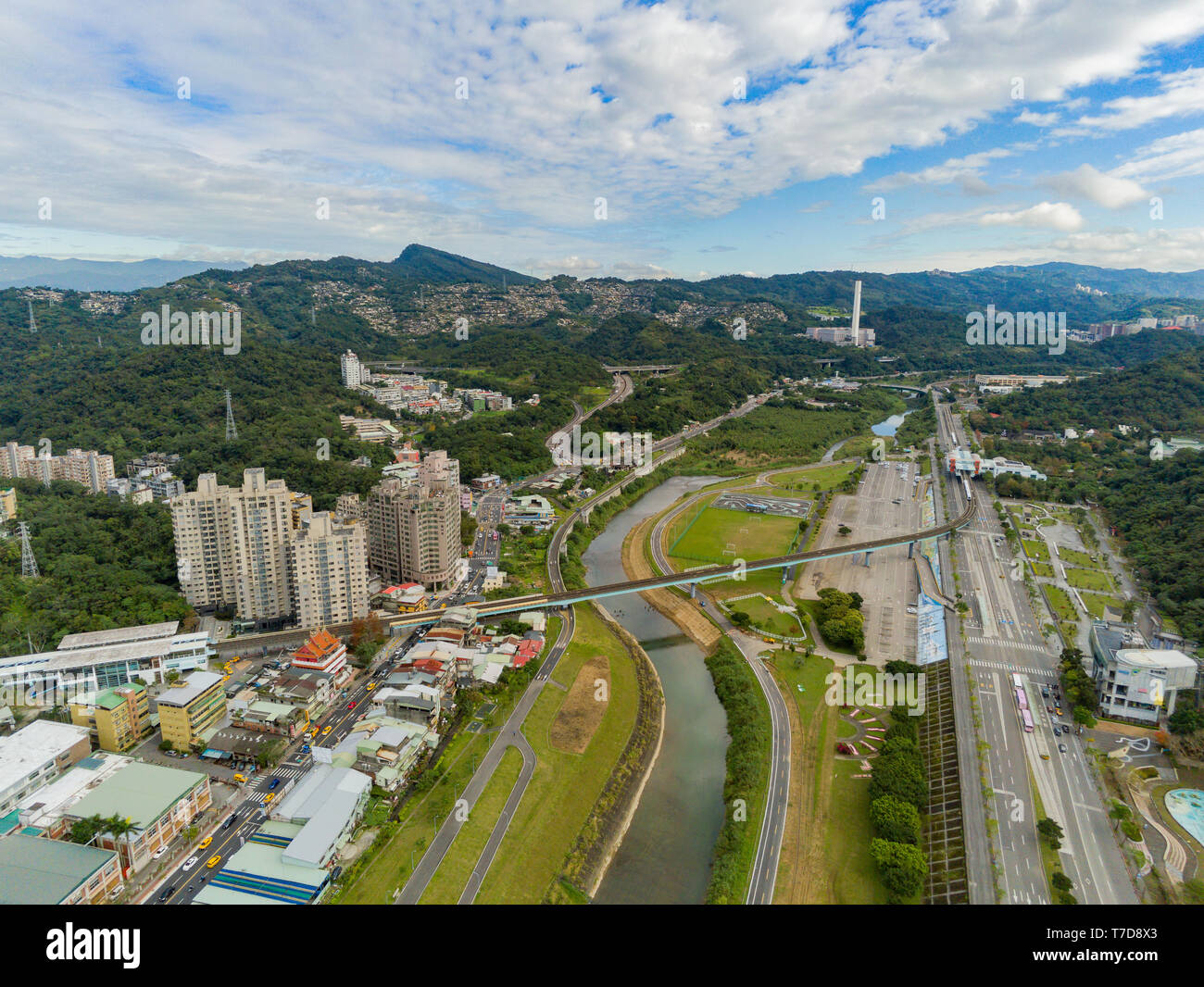 Aerial view of the landscape, metro line near Muzha station at Taipei ...