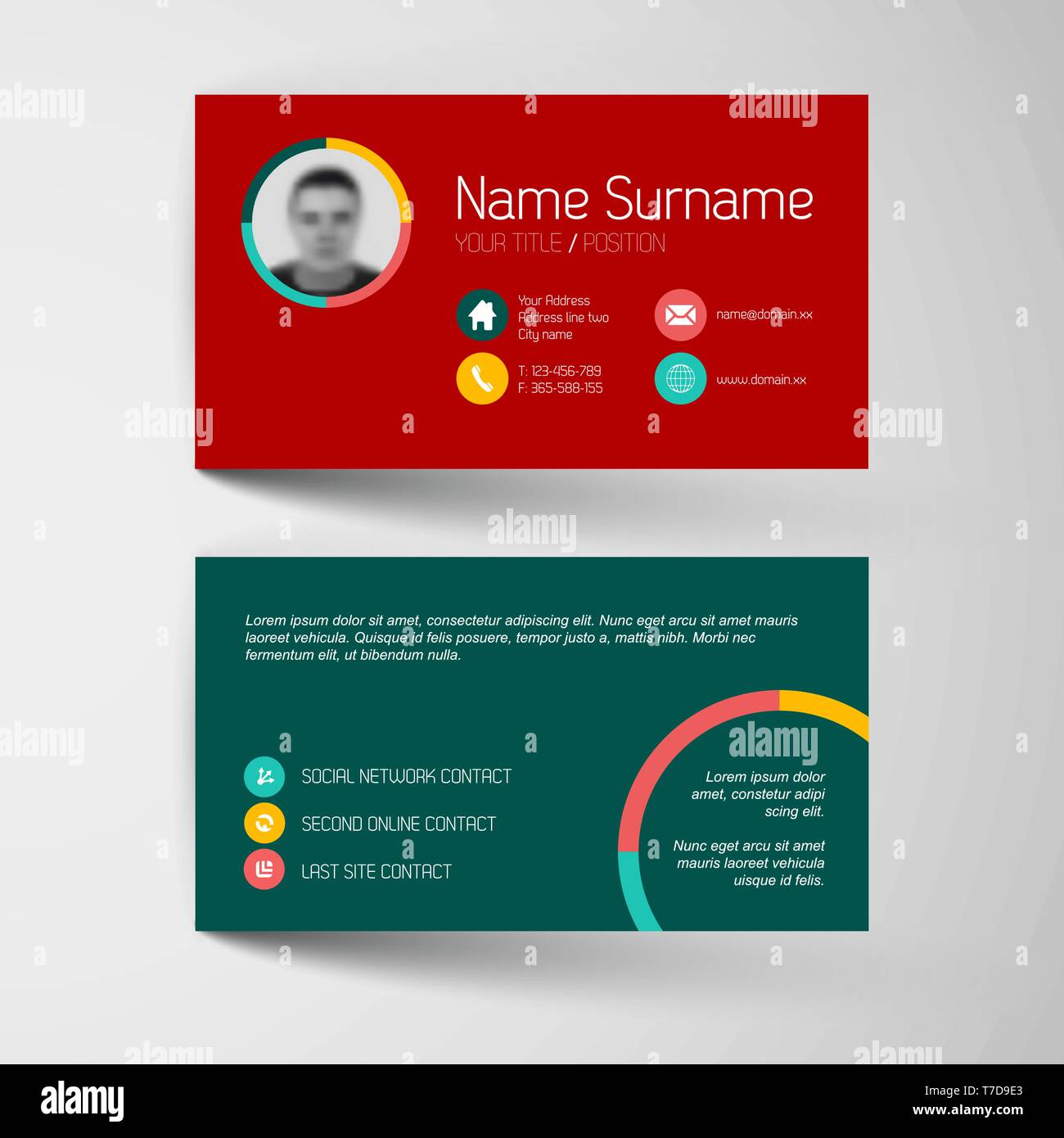 Modern red and teal simple business card template with flat user ...