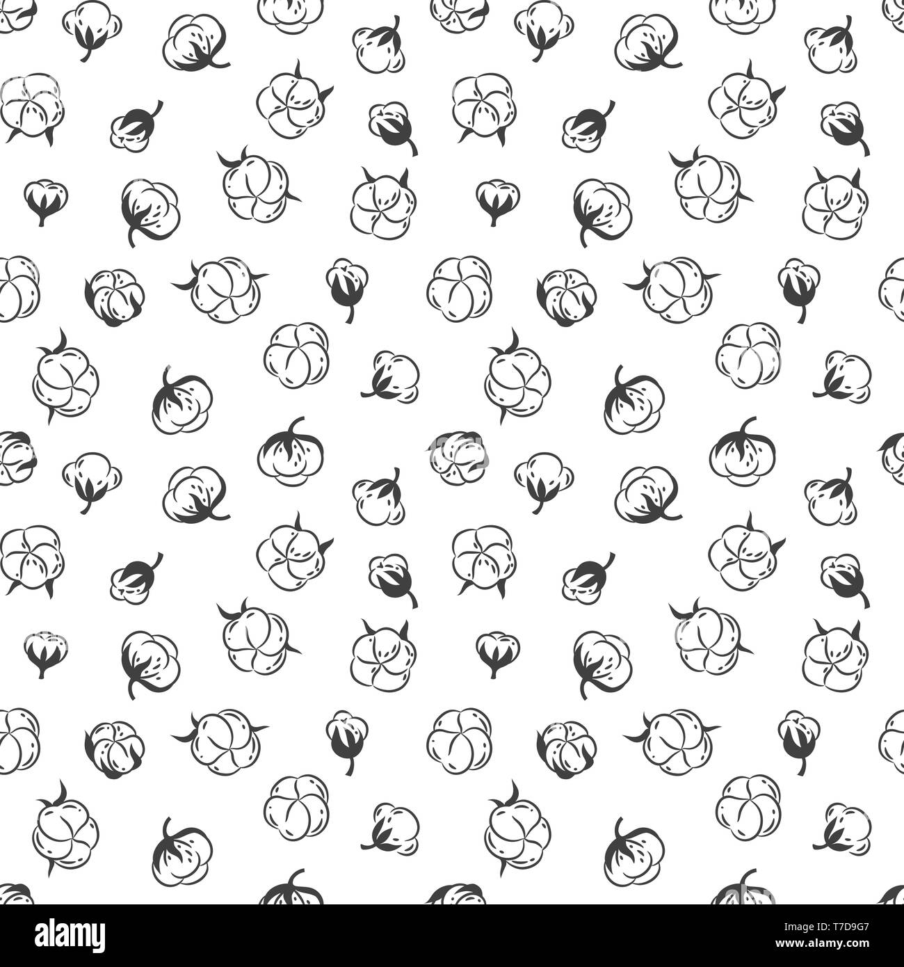 hand drawn cotton plant seamless pattern on black and white background ...