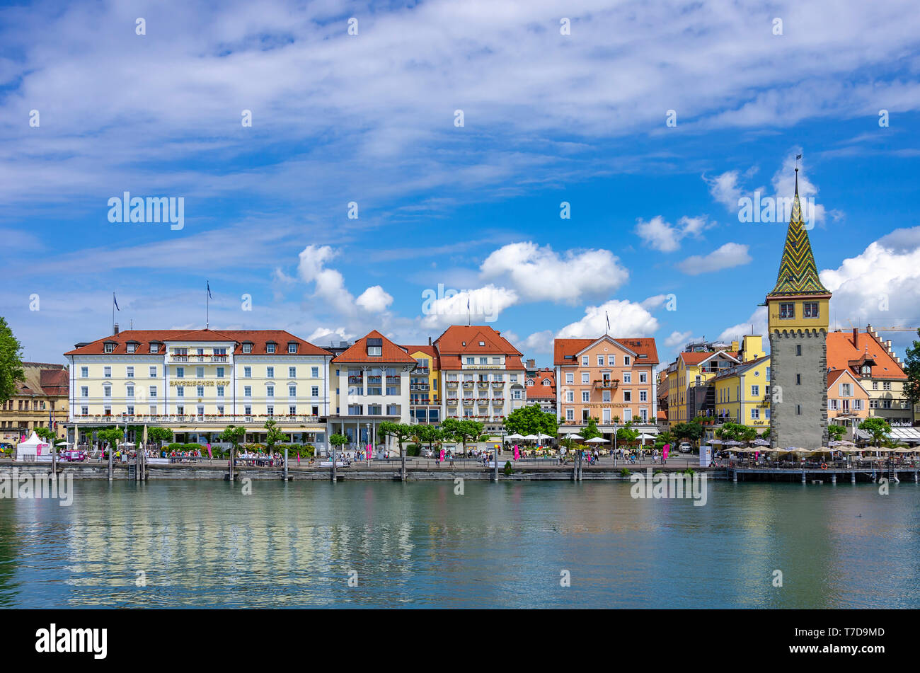 Waterfront with Mangturm tower in the historic Old Town of Lindau in ...