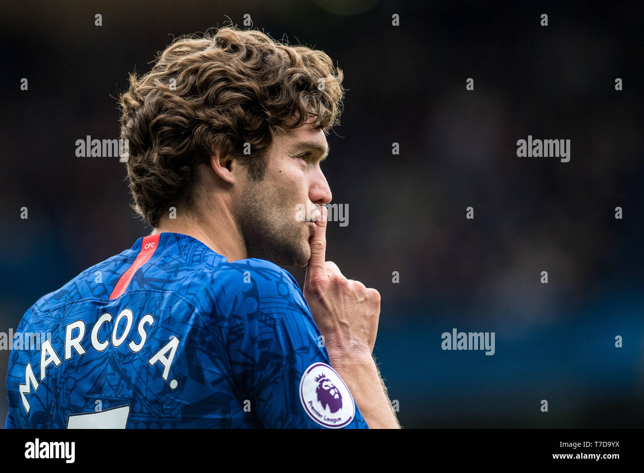 LONDON, ENGLAND - MAY 05: Marcos Alonso of Chelsea FC reaction during ...