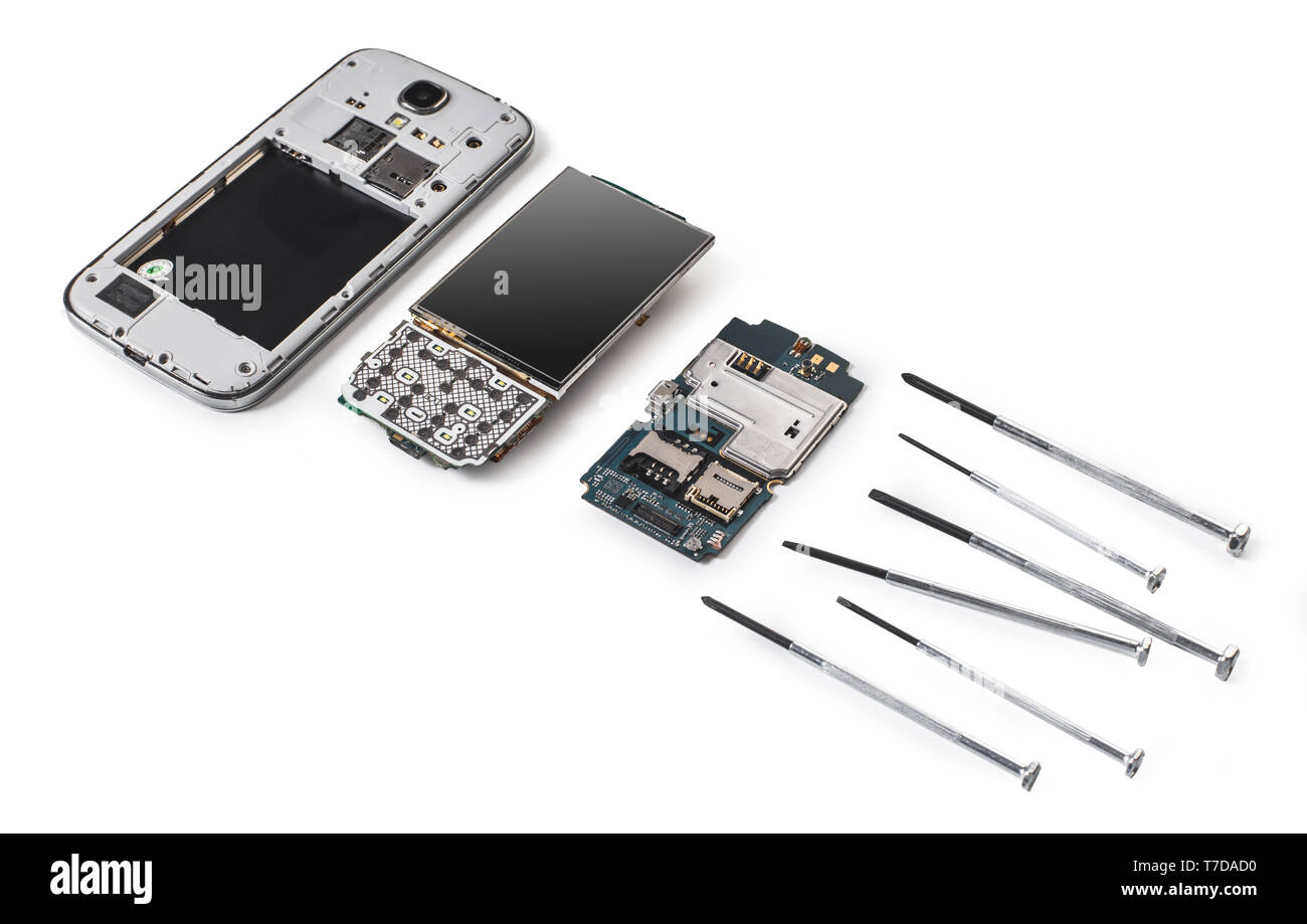 disassembled mobile phone and tools on white background Stock Photo - Alamy