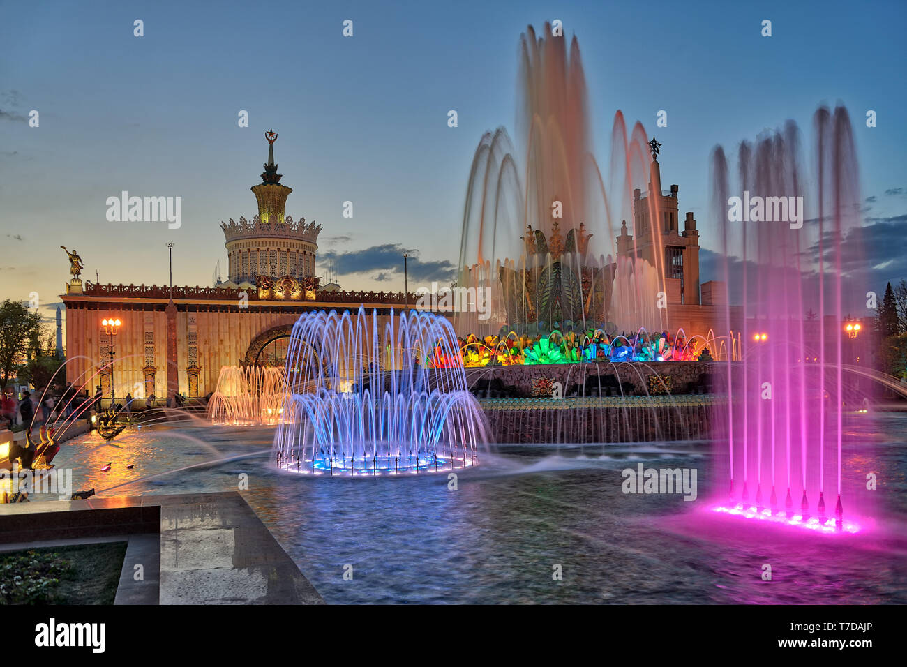 Colorful Stone Flower Fountain in Spring Twilight at VDNKh, Moscow ...