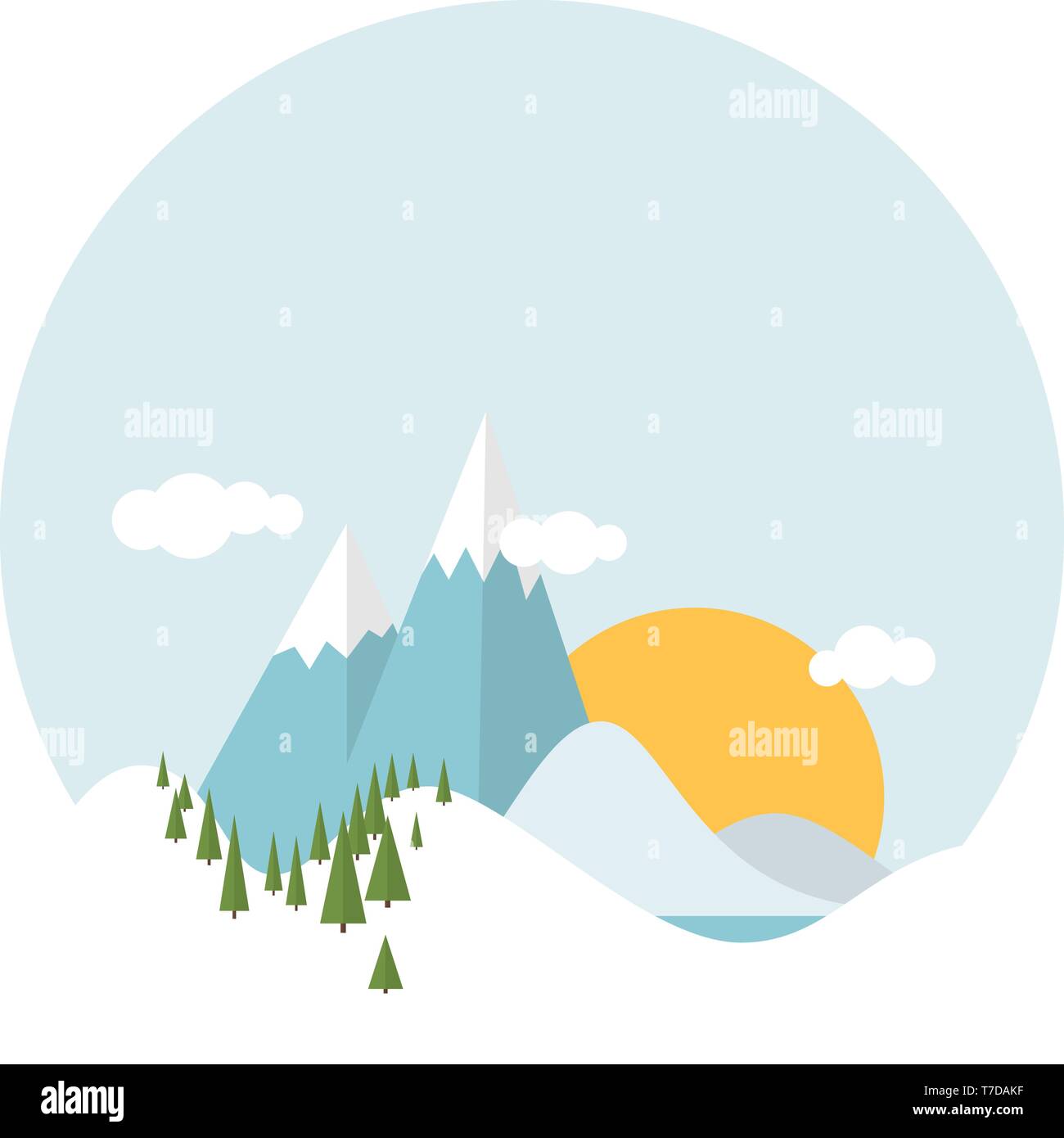 Simple Flat design winter snowy landscape with mountains and trees ...