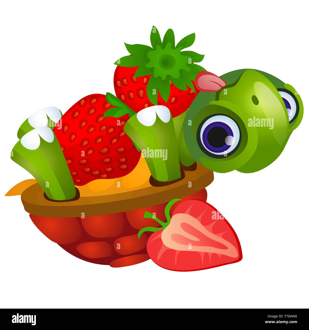 Funny turtle licks ripe strawberries isolated on white background ...
