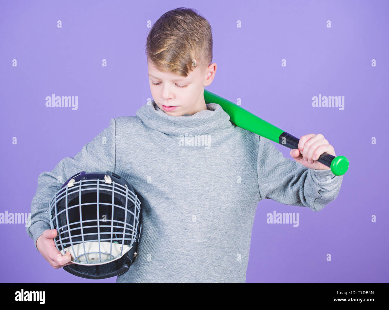 Sport game. Gym workout of teen boy. Baseball bat and helmet. Success ...