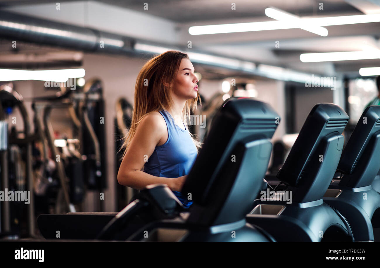 A portrait of a beautiful young girl or woman doing cardio workout in a ...