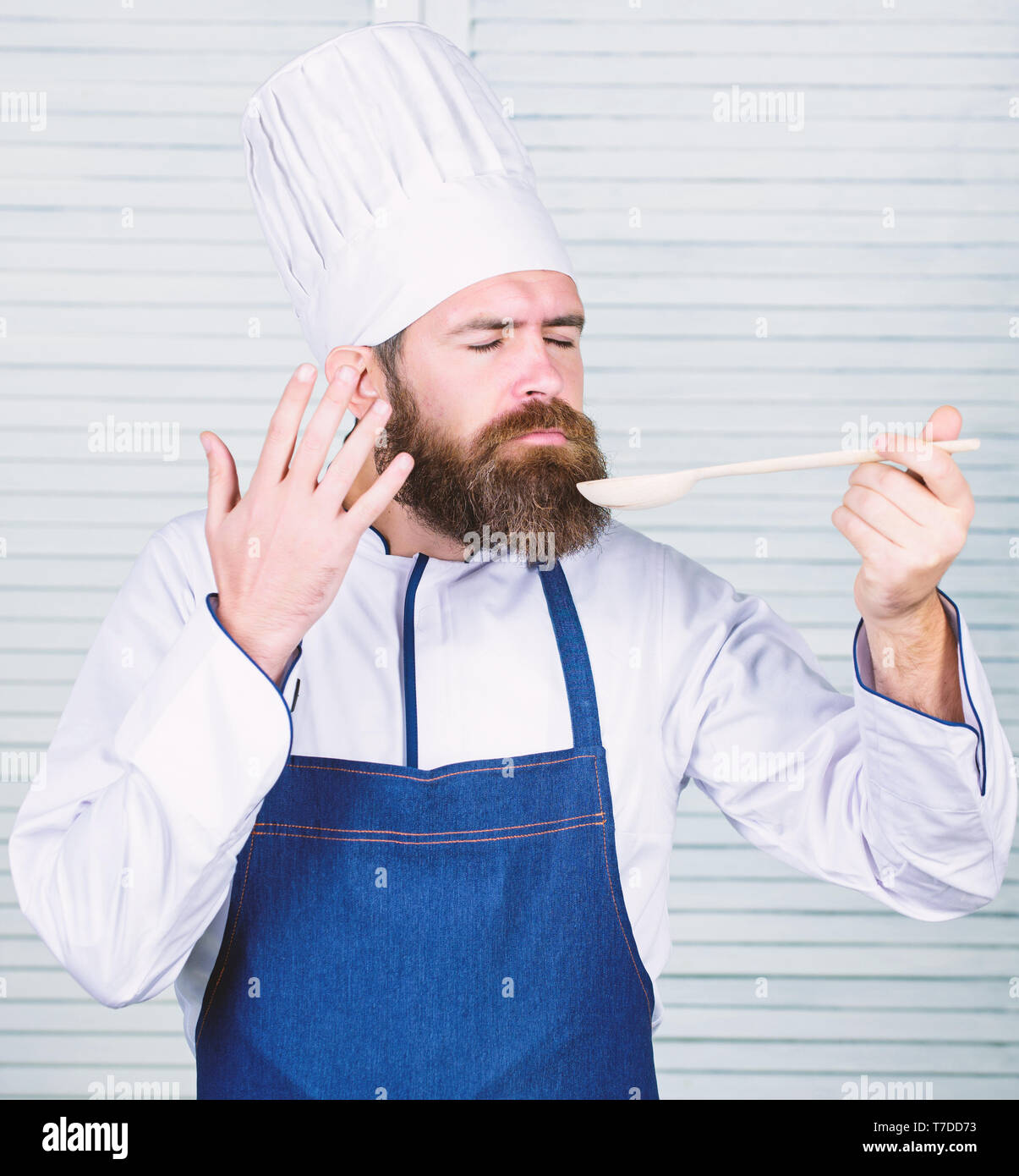 Own business. Bearded man cook in kitchen, culinary. Dieting and ...