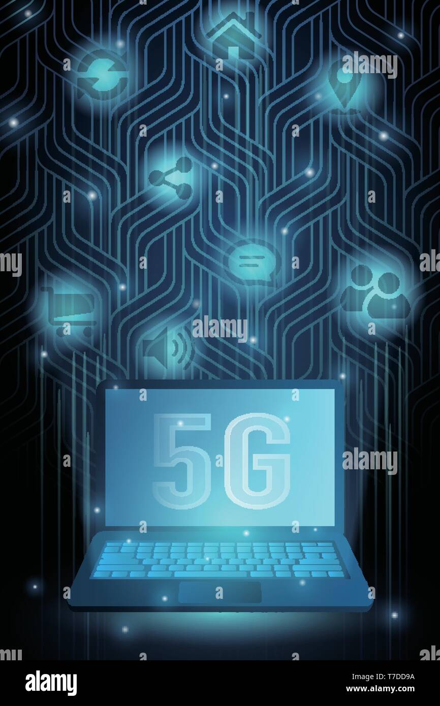 5G technology laptop and icons geometry cross frame line vector ...