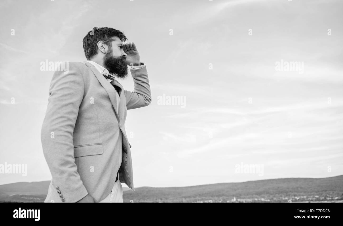 Developing business direction. Businessman bearded face sky background ...