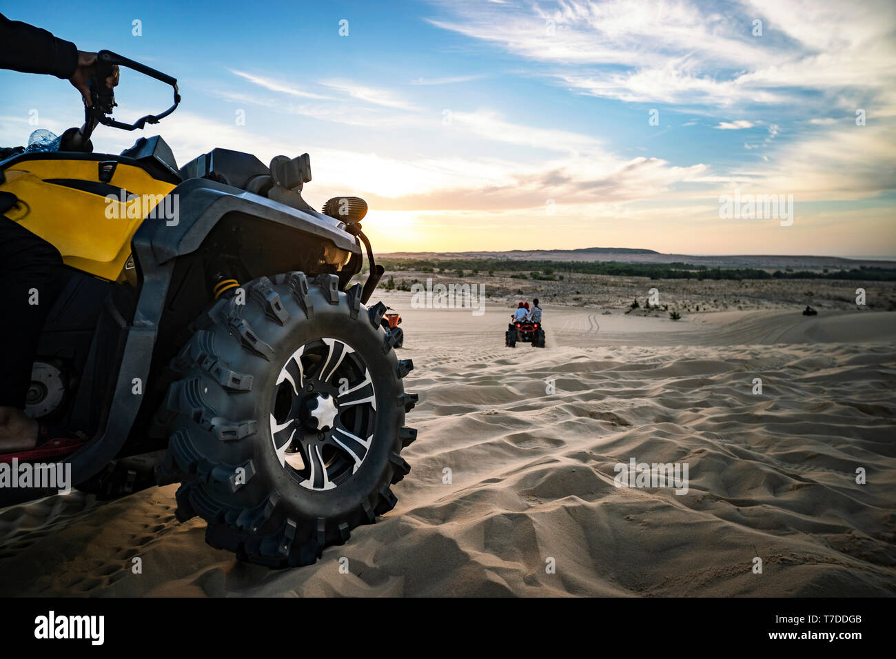 Summer offroad adventure on atv in sand quarry. Entertainment of ...