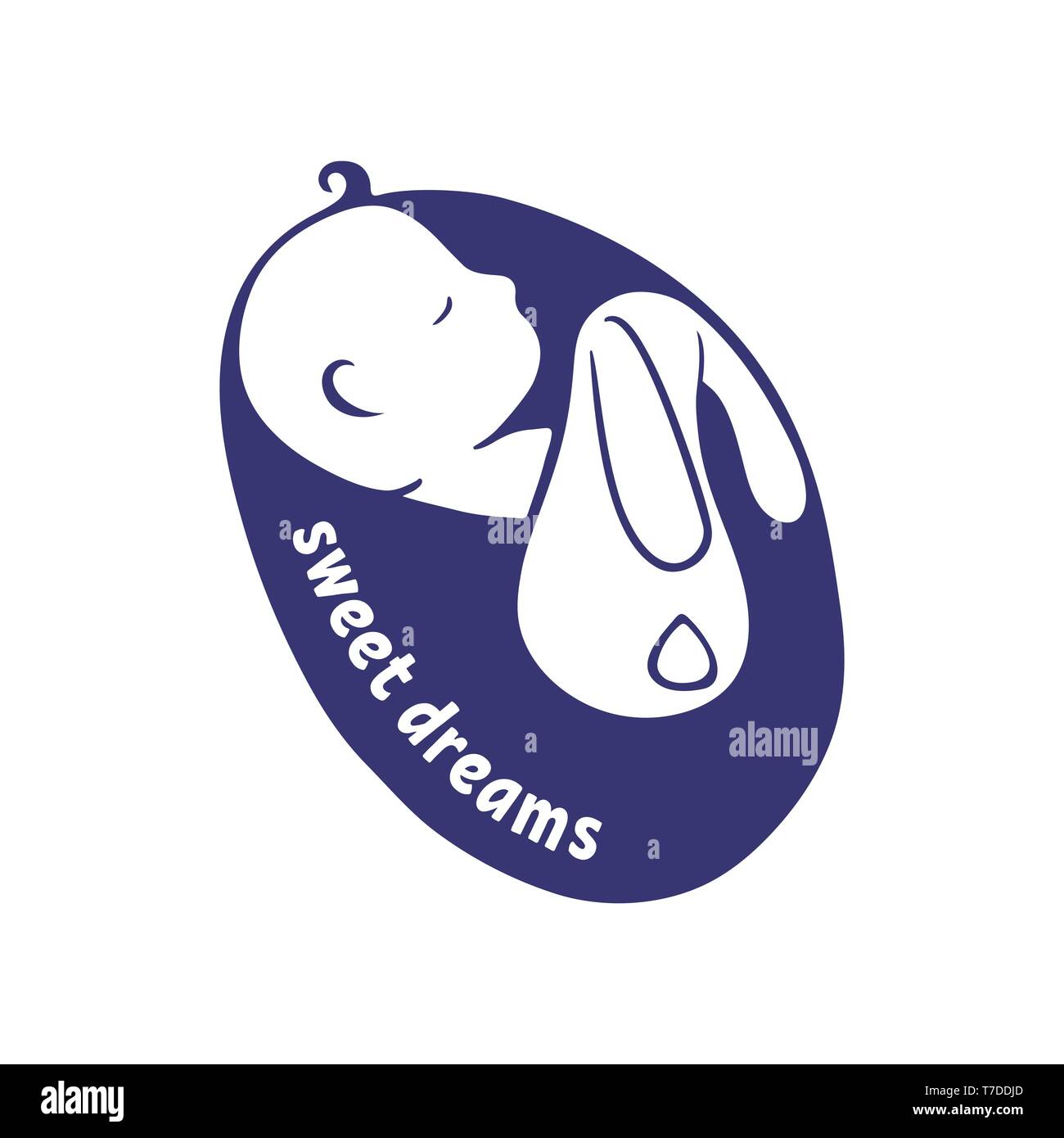 Sleeping child. Newborn baby logo with rabbit toy. Vector illustration ...