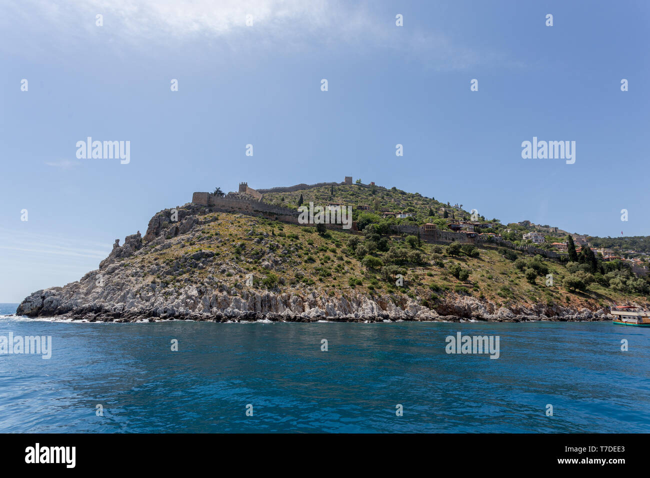 Summer travel concept. Landscape with castle rock of Alanya - a coastal ...
