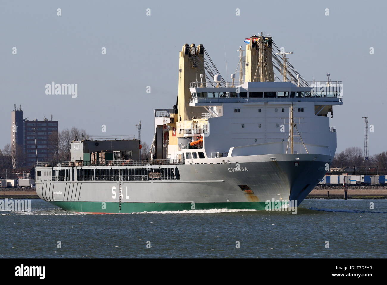 The heavy load vessel Svenja reaches the port of Rotterdam on April 10 ...