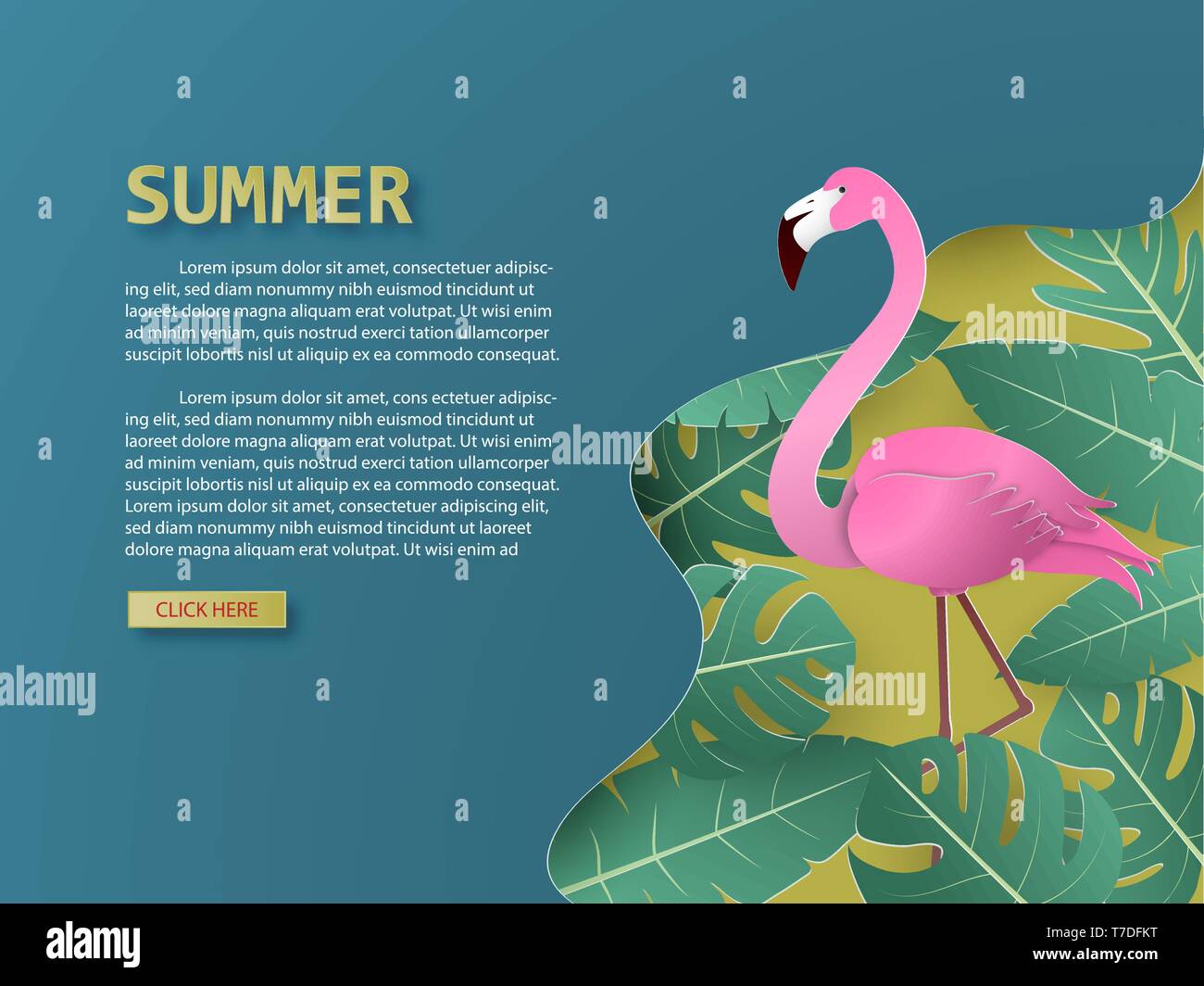 Summer background with flamingo bird and tropical palm and leaves paper ...