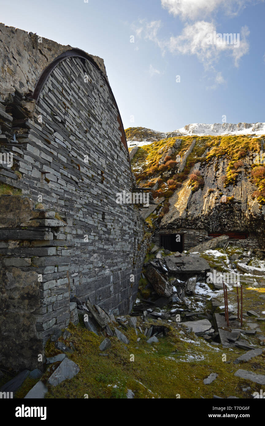 Croesor slate quarry mine entrance and views of Moelwyn Mawr, Snowdonia ...