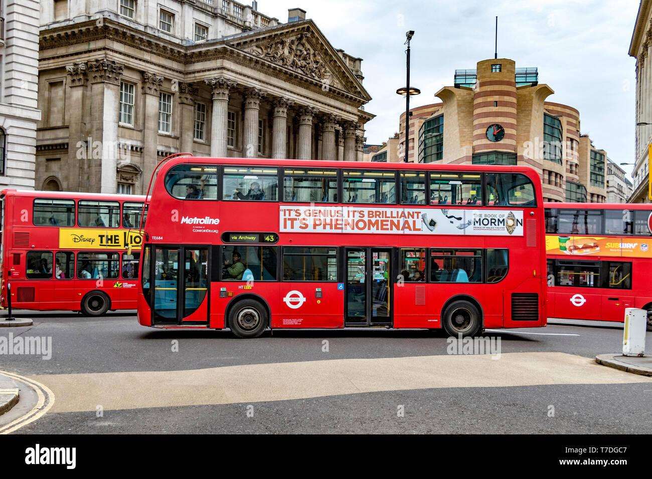 A No 43 red London double decker bus crossing the Junction at Bank in ...